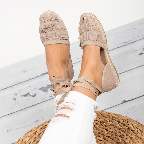 SunnyMia | Shoes | Ruffle Lace Up Espadrilles Beige | Poshmark